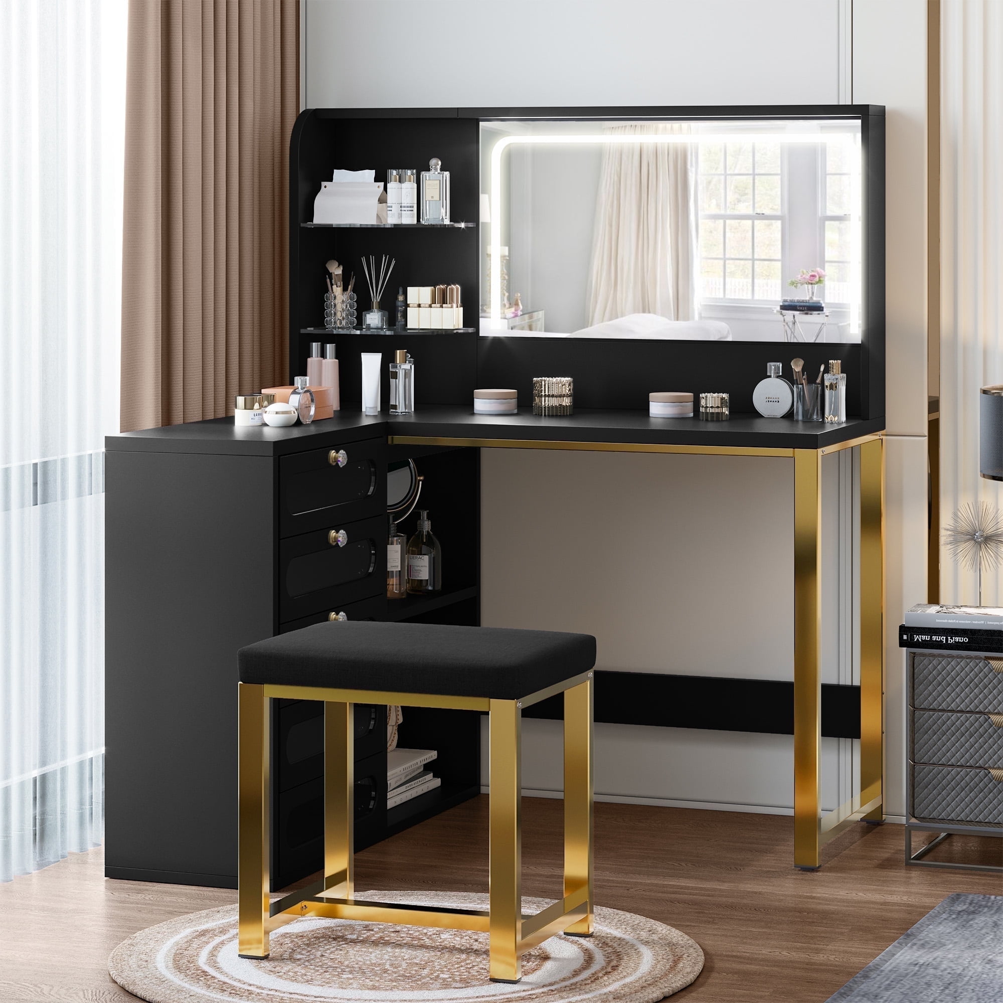 Dextrus Vanity Table Set with Mirror and LED Light, L Shaped Modern ...