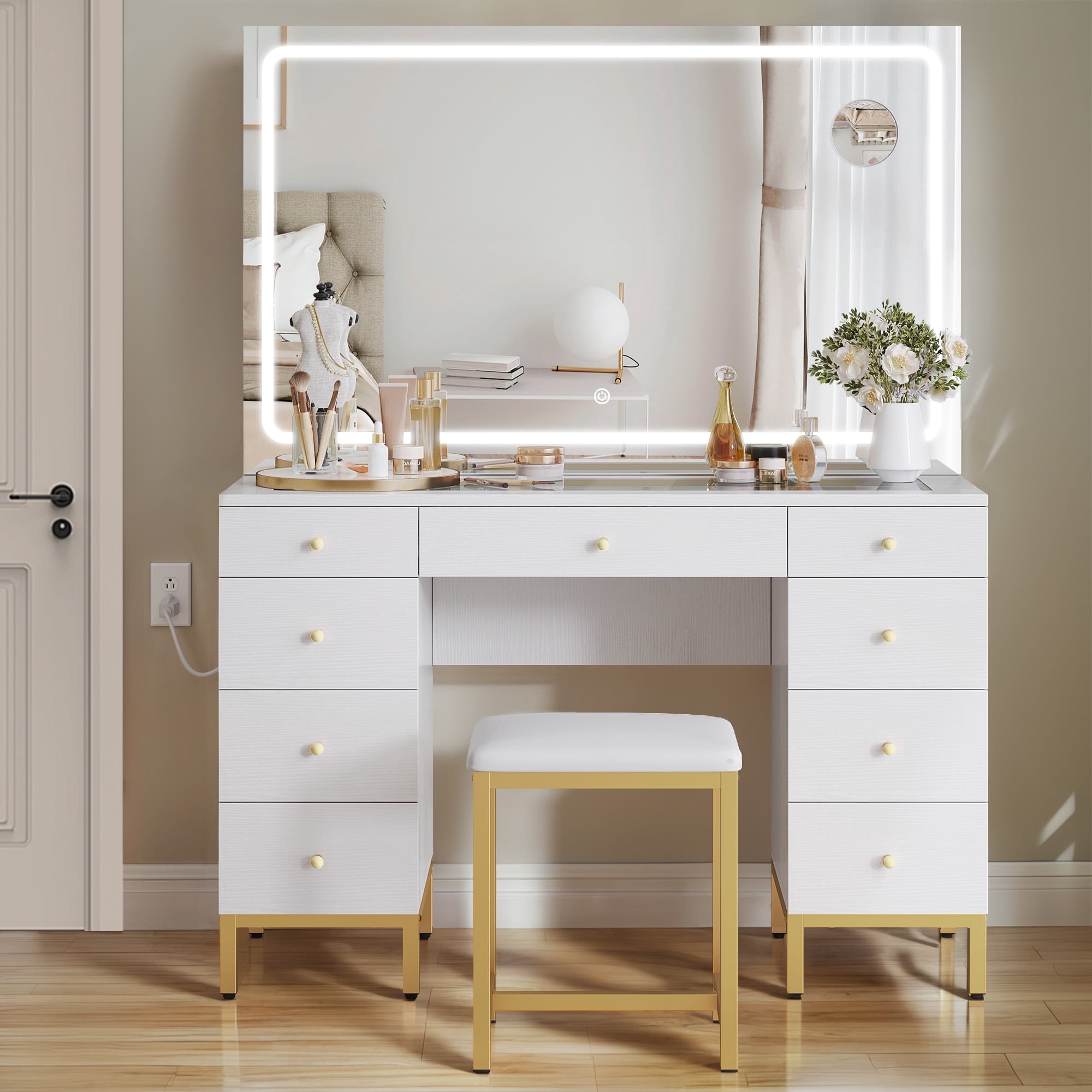 Dextrus Vanity Set with Lighted Mirror, Charging Station & Stool, 9 ...