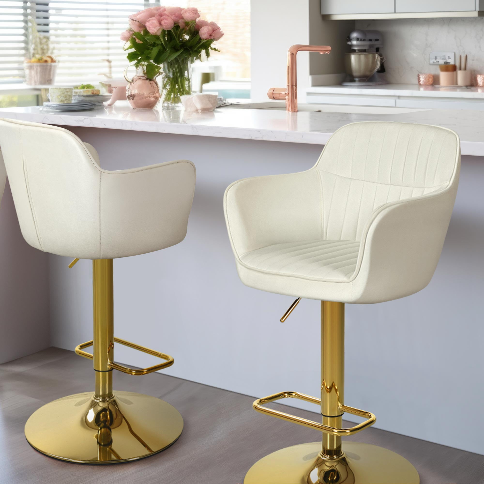 Dextrus Velvet Upholstery Bar Stools Set of 2, Adjustable Height ...