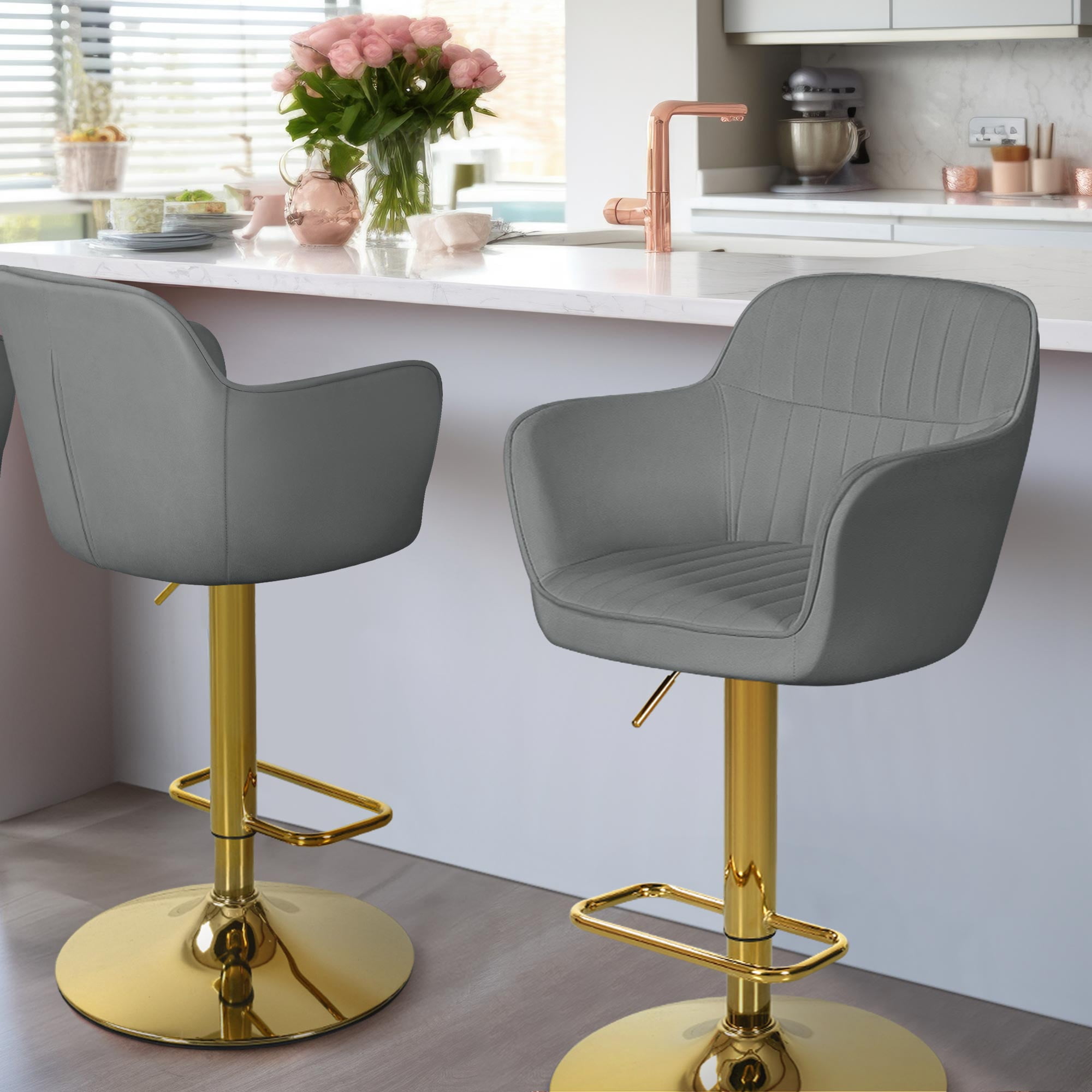 Dextrus Velvet Upholstery Bar Stools Set of 2, Adjustable Height ...