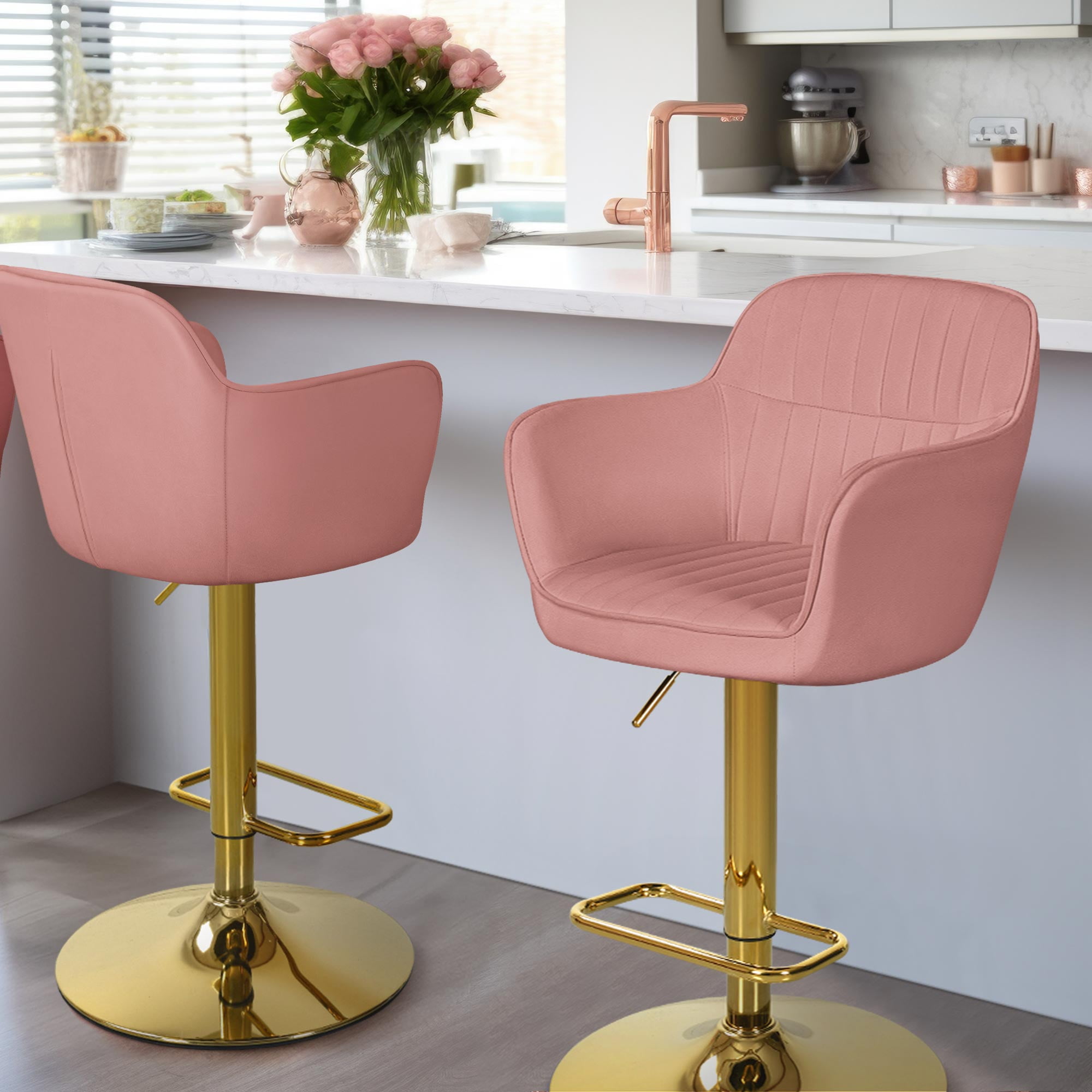 Dextrus Velvet Upholstery Bar Stools Set of 2, Adjustable Height ...