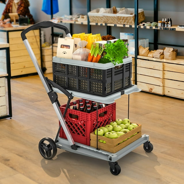 Dextrus 2-Tier Gray Foldable Cart with 1 Storage Crate, 176LBS Capacity ...