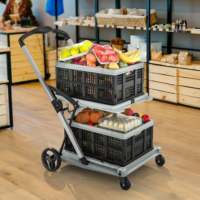 Dextrus 2-Tier Aluminum Folding Trolley with Collapsible Crates and ...