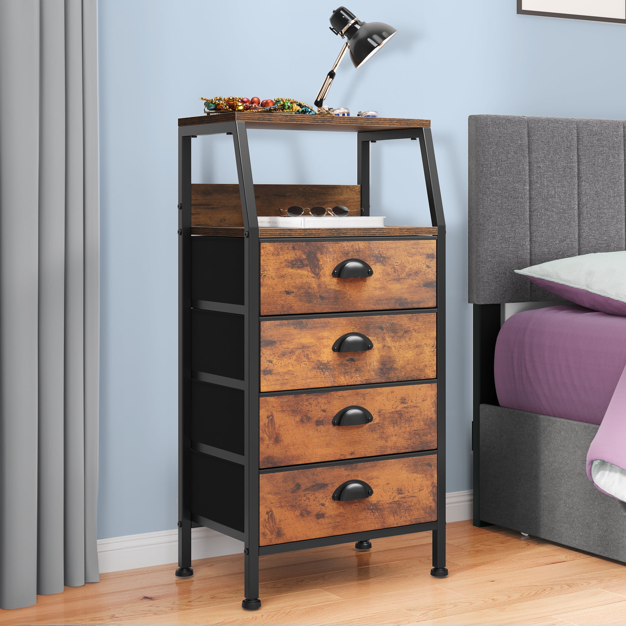 Dextrus Modern Rustic Brown Wood and Metal 4 Drawer Side Table Dresser ...