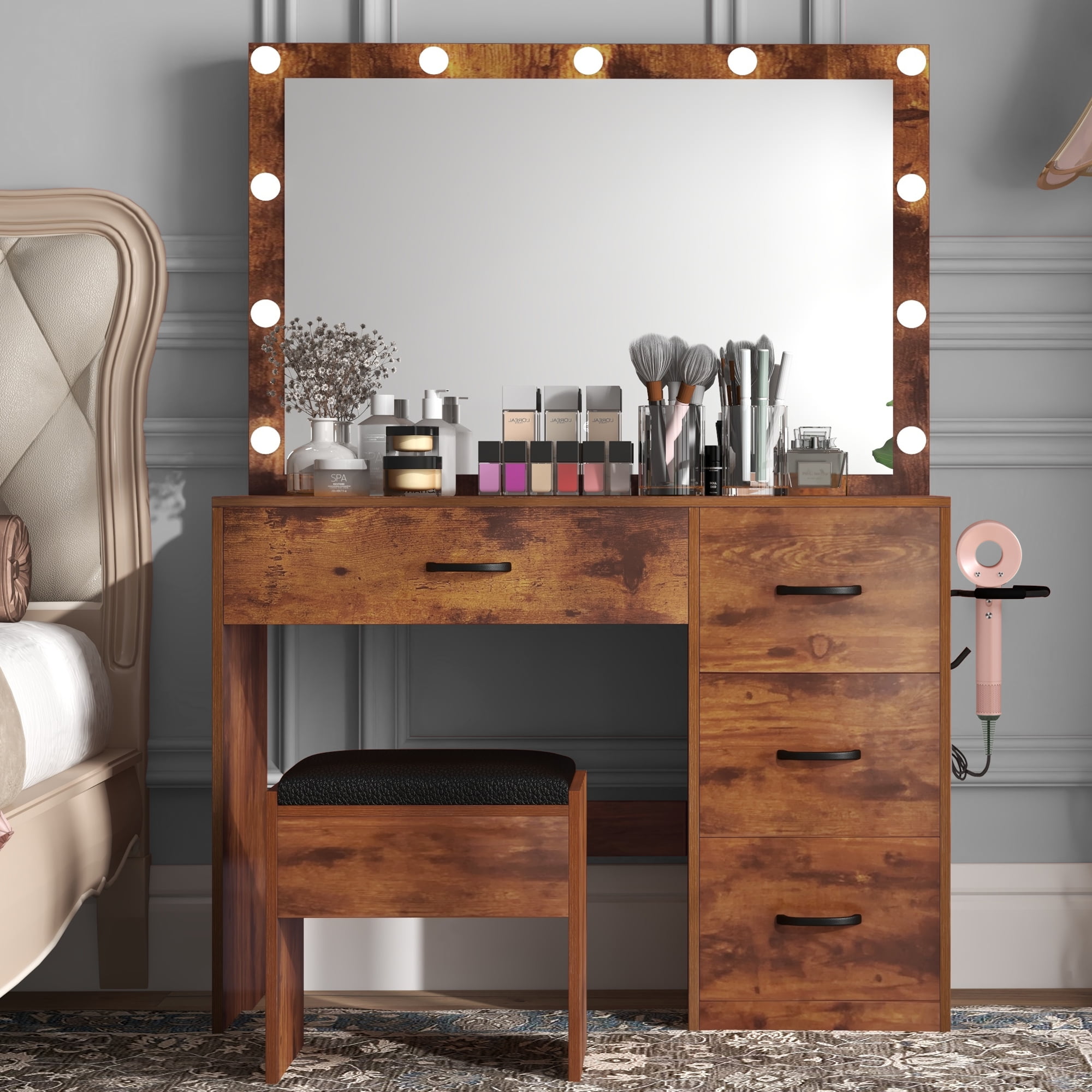 Dextrus Vintage Makeup Vanity Desk Set with LED Mirror and Comfortable ...