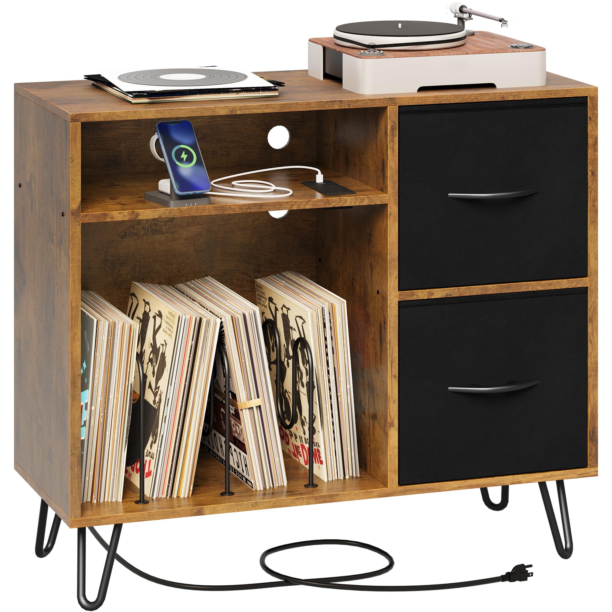 Dextrus Vinyl Record Player End Table Stand with Cloth Drawer ...