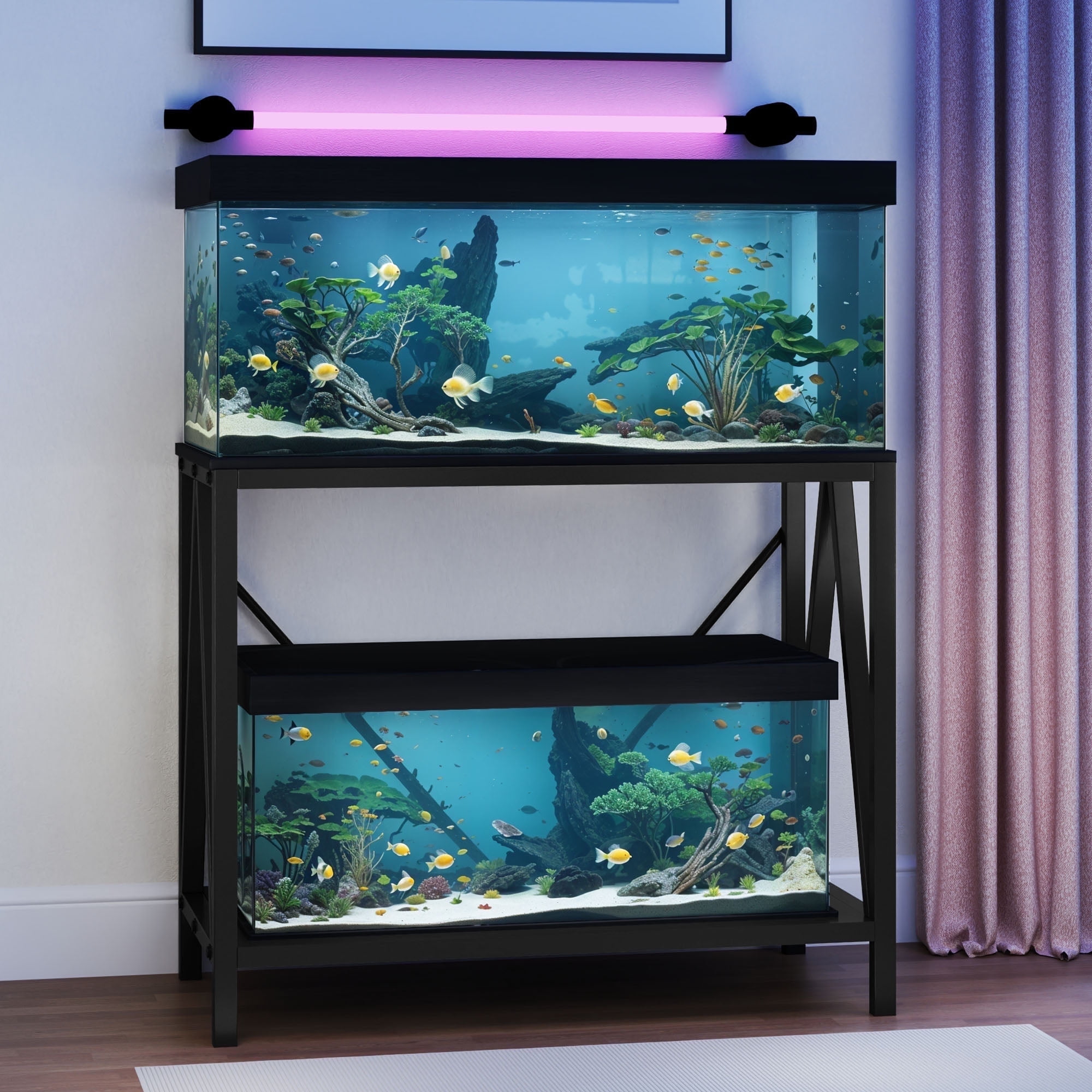Dextrus W-Shape 10-40 Gallon Double-Layer Storage Metal Fish Tank Stand ...