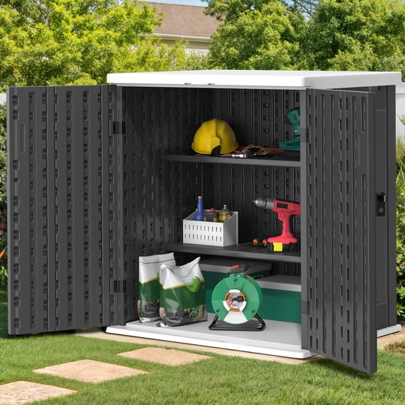 Dextrus Weatherproof Outdoor Storage Shed with 2 Shelves & Lockable Lid ...