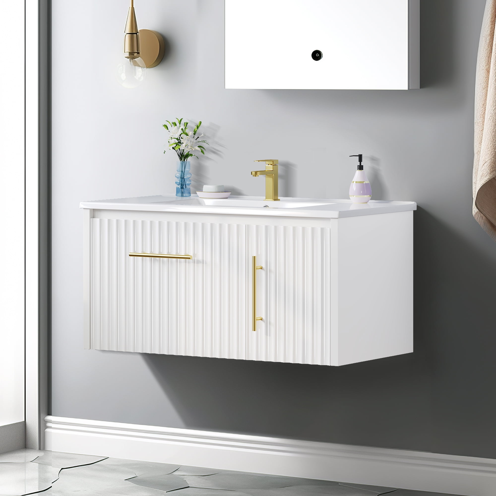 Dextrus 36 Inch Single White Bathroom Vanity with Sink, Wall Mounted ...