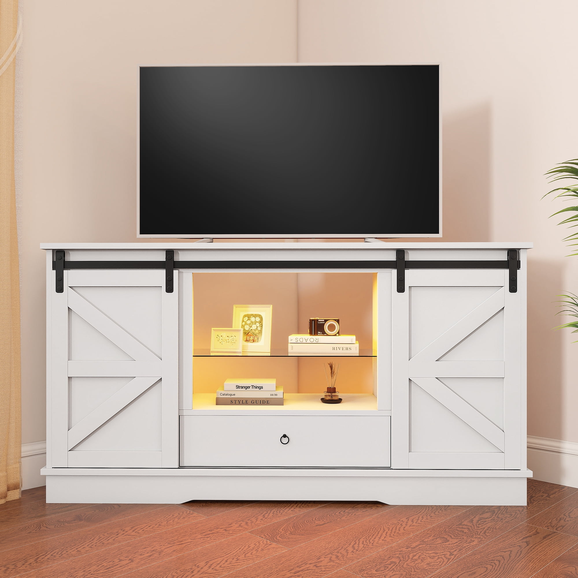 Dextrus White Corner TV Cabinet with USB Ports, Power Outlets, LED ...