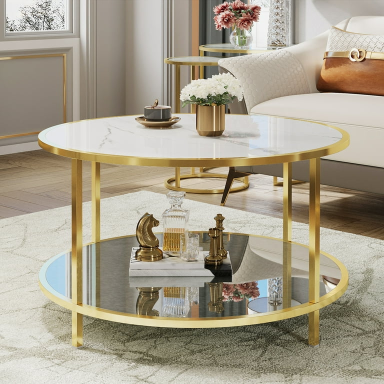 Dextrus White Marble Round Coffee Table Mid Century Modern Glass Center Table with Storage