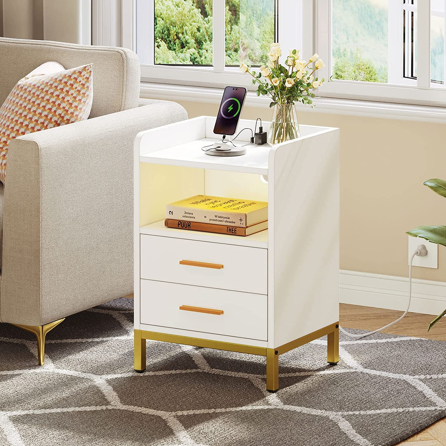 Dextrus White Night Stand with LED Lights and Charging Station, End ...