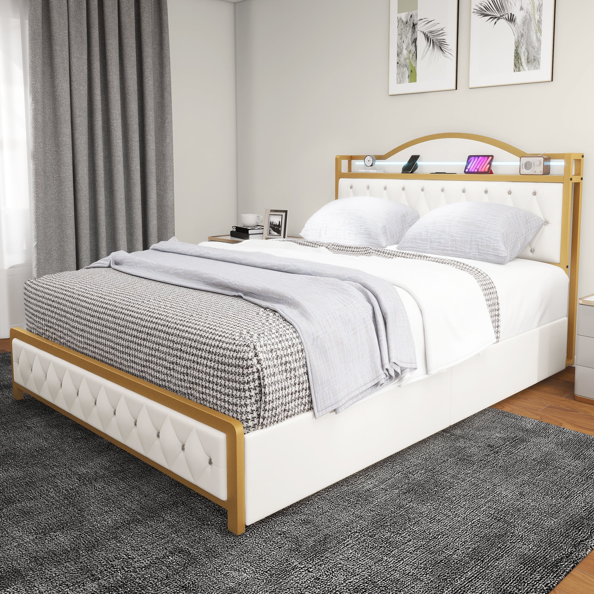 Dextrus White Queen-size Bed Frame with Illuminated LED, Upholstered ...