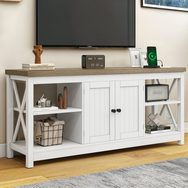 Dextrus White TV Stand up to 65 Inches w/Power Outlets, Farmhouse ...