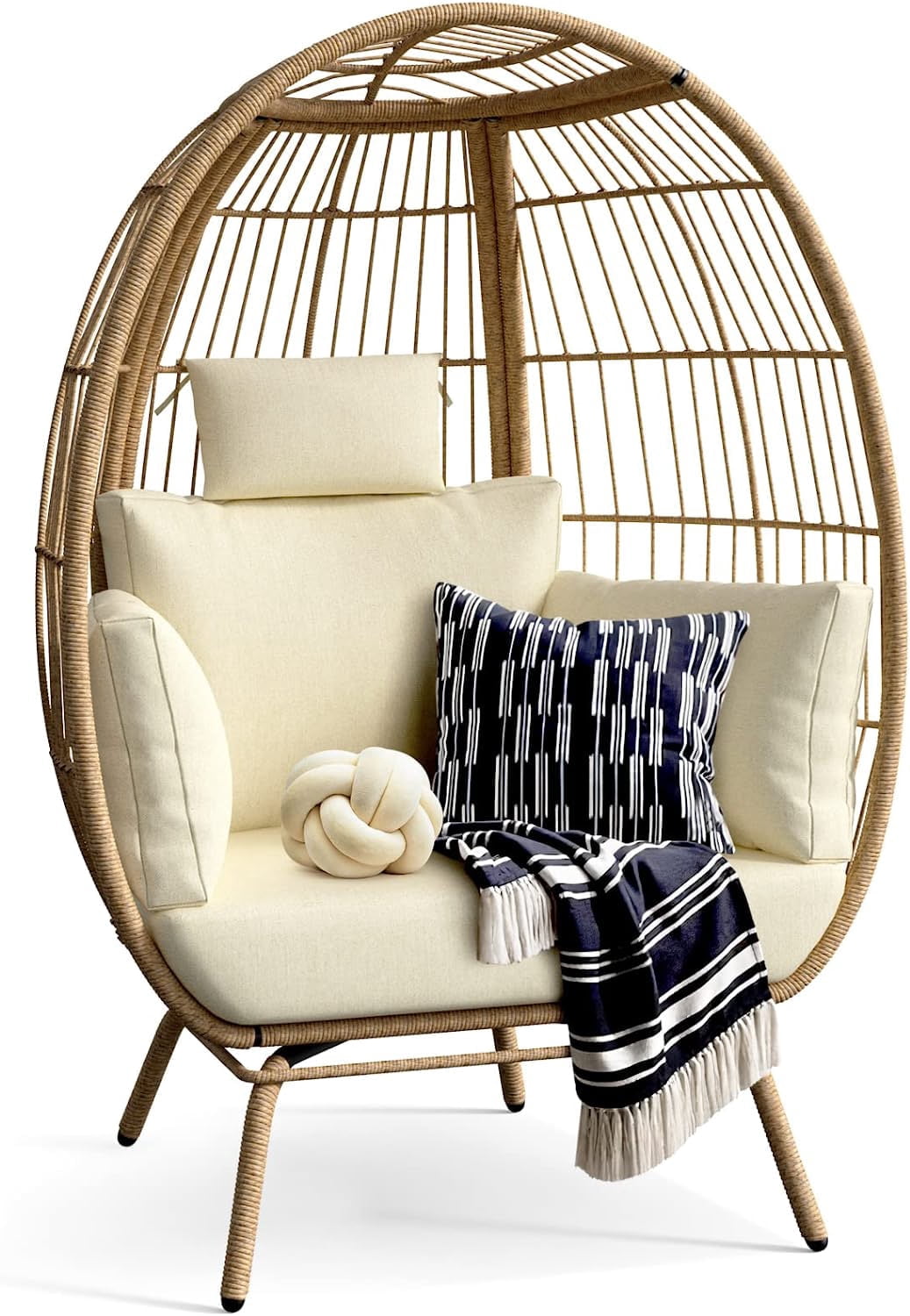 Dextrus Wicker Egg Chair Outdoor Indoor Oversized Lounger with Stand ...