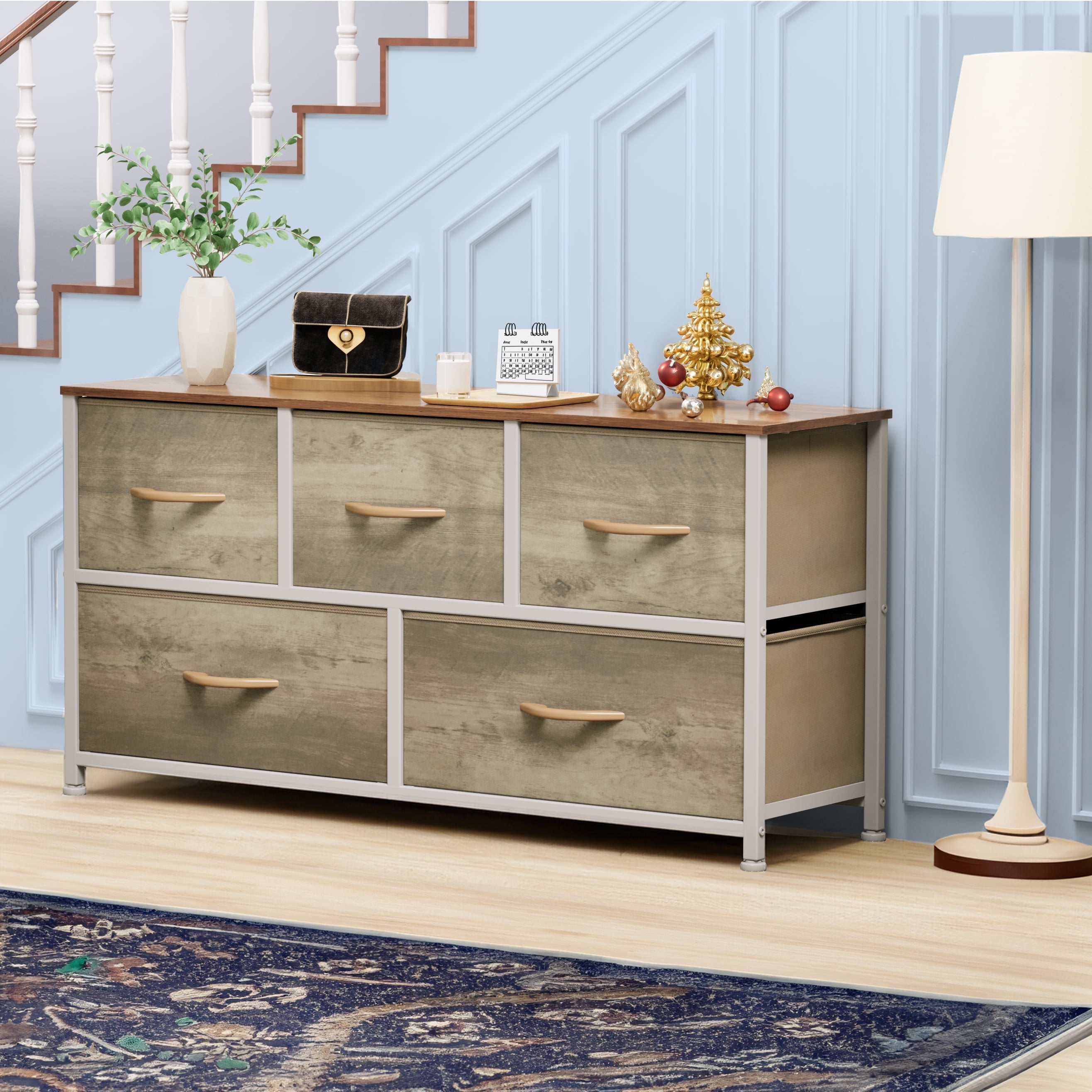 Dextrus Wide Chest of Drawers, 5 Drawer Dresser, Oak Greige Fabric ...