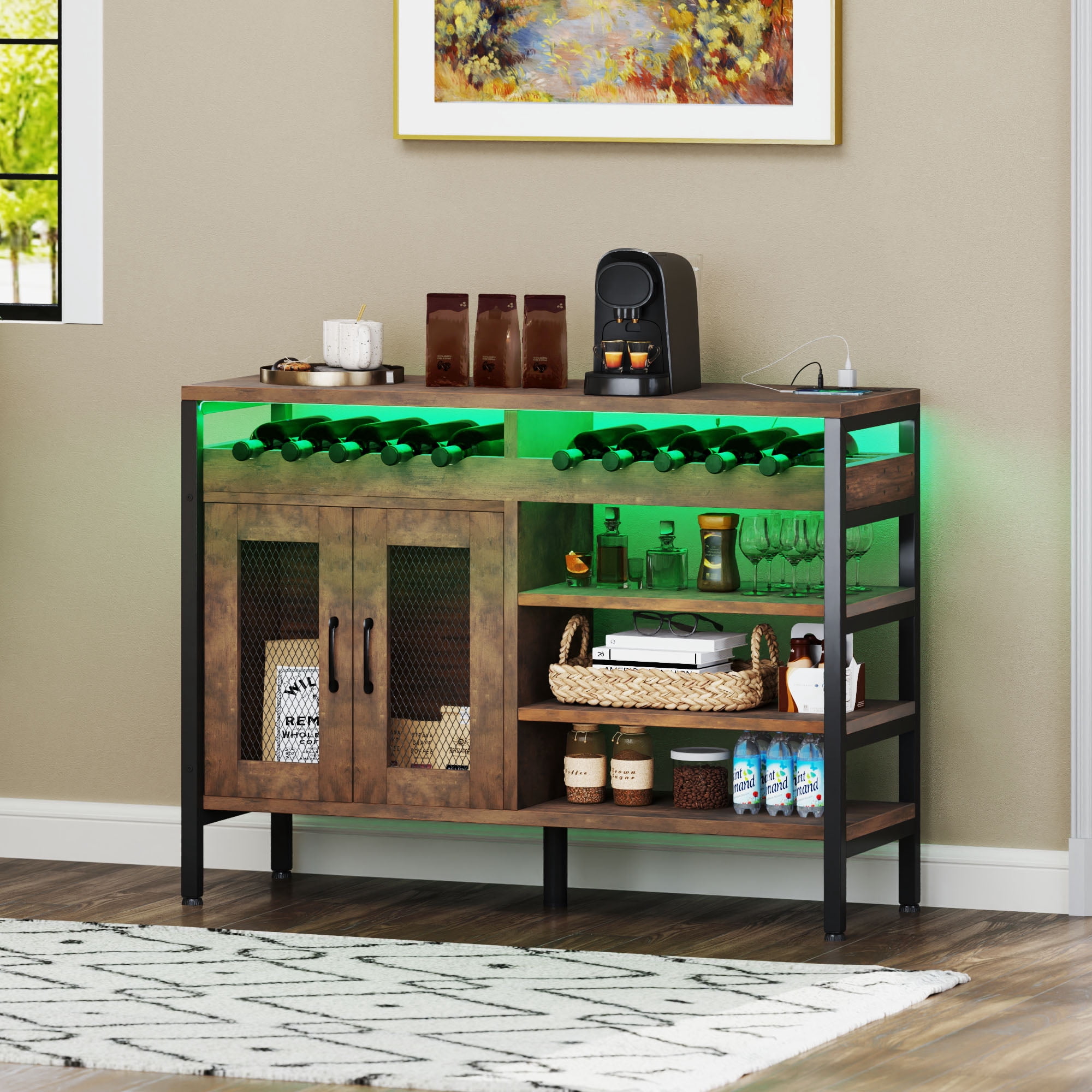 Dextrus Wine Bar Cabinet with Power Outlets and LED Lights, Industrial ...