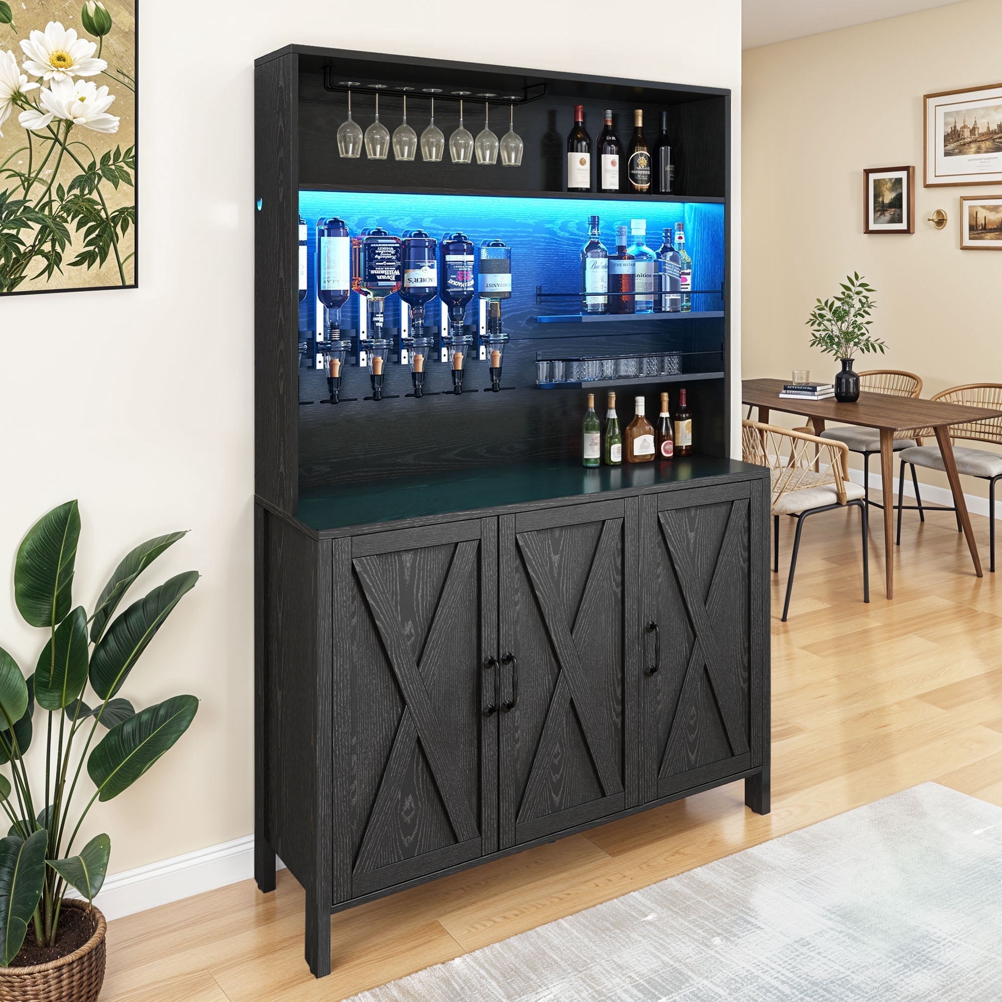 Dextrus Wine Bar Cabinet with LED Lights and Doors, Kitchen Cabinet ...