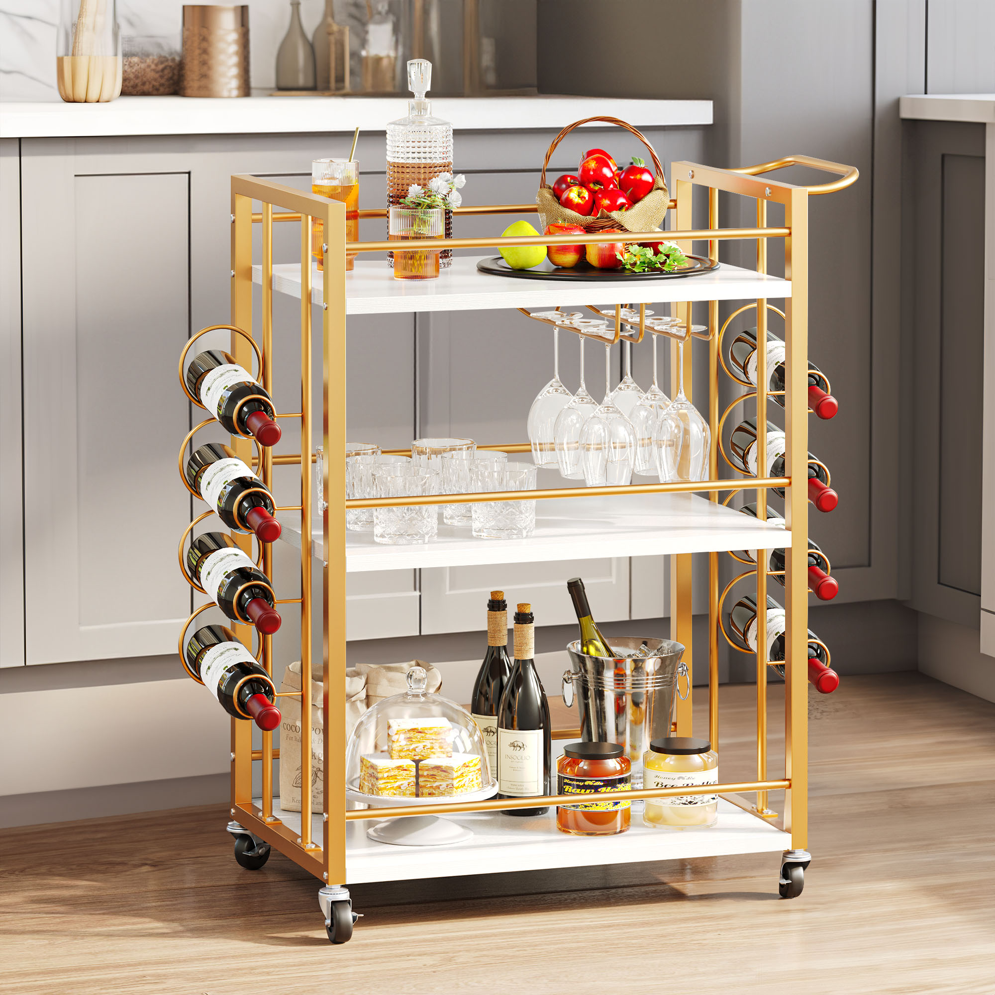 Metal Framed Serving Cart with Glass Shelves and Side Handle Silver and ...