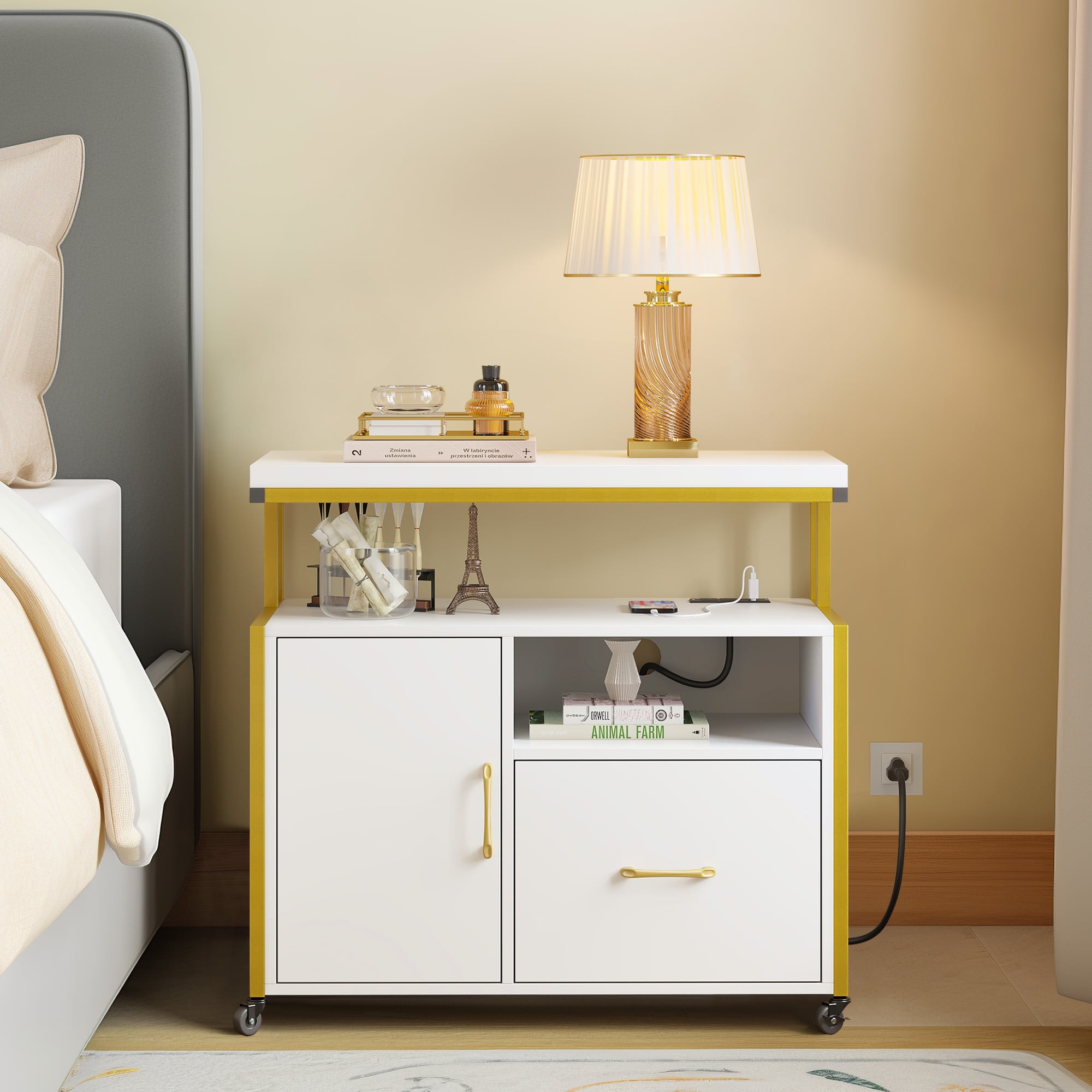 Dextrus Wood File Cabinet with Charging Station, Rolling Lateral Filing ...