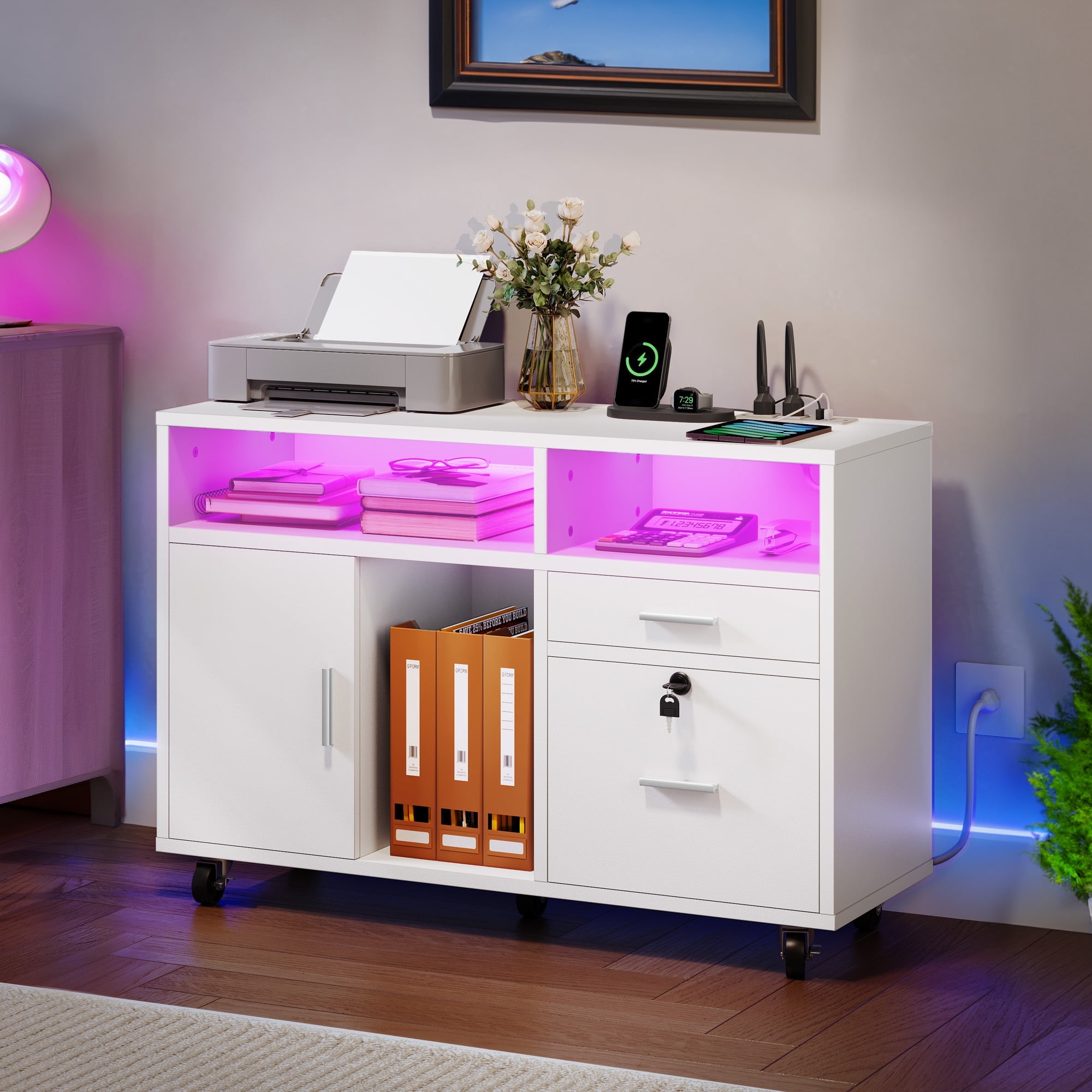 Dextrus Wood File Cabinet with LED Light and Lock, 2 Drawer Mobile ...