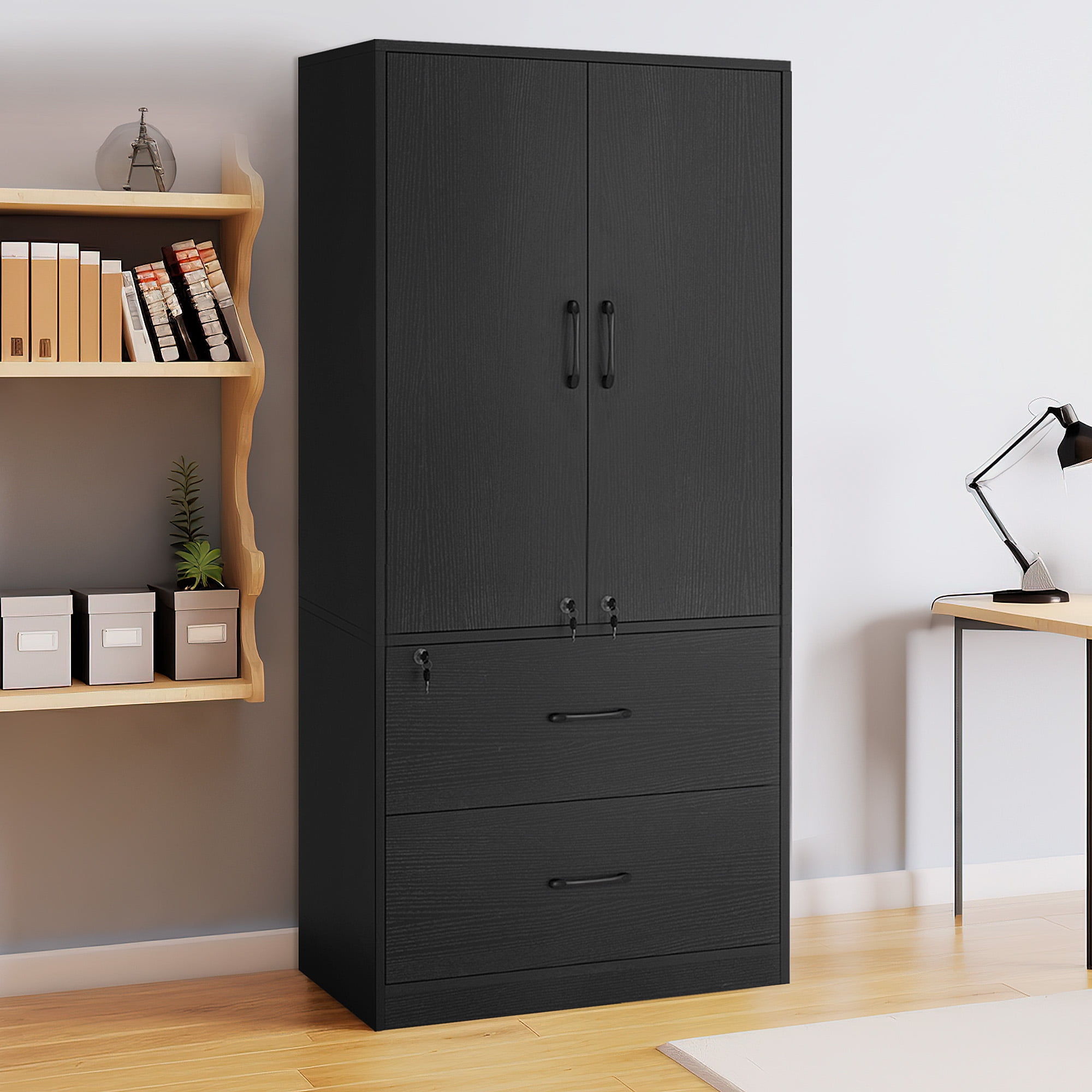 Dextrus Wood File Cabinet with Lock & 2 Drawers, Lateral Filing ...