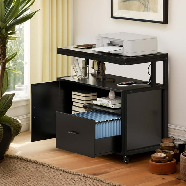 Dextrus Wood File Cabinet with Charging Station, Rolling Lateral Filing ...