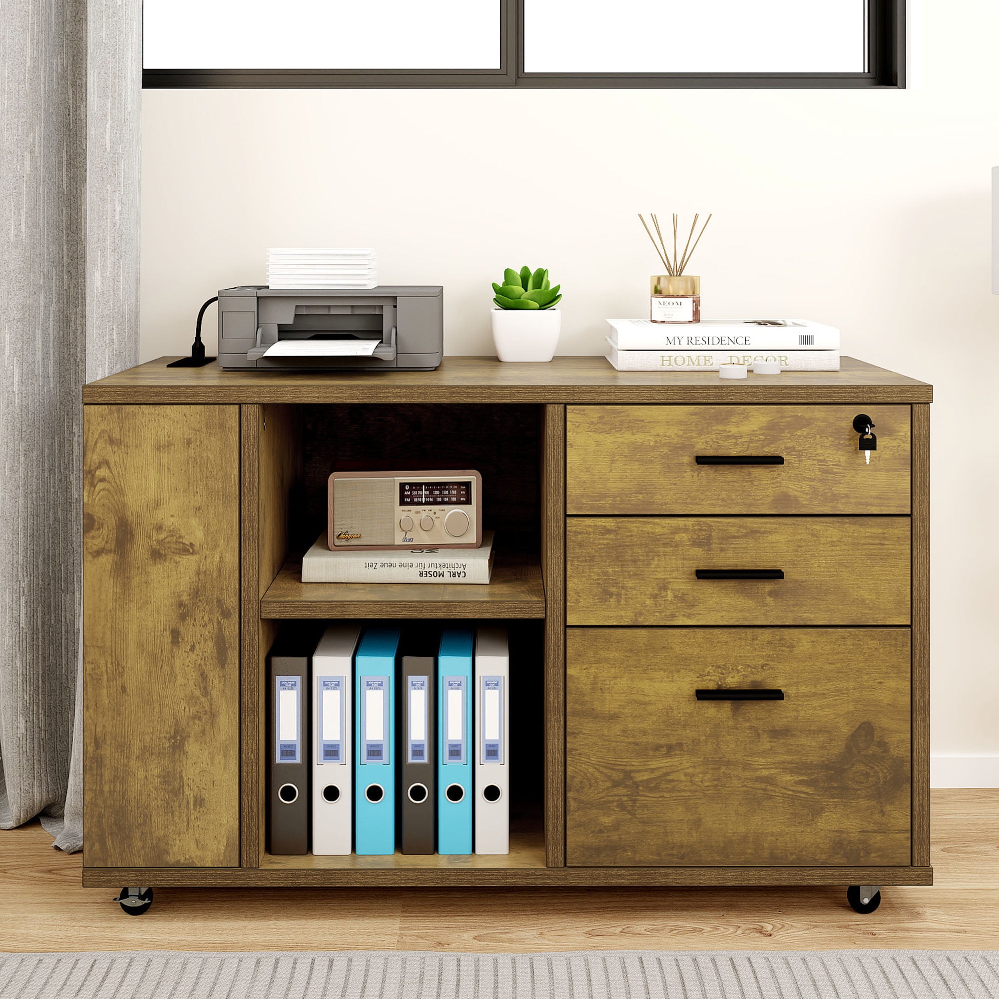 Dextrus Wood File Cabinet with Charging Station and Lock, Mobile ...