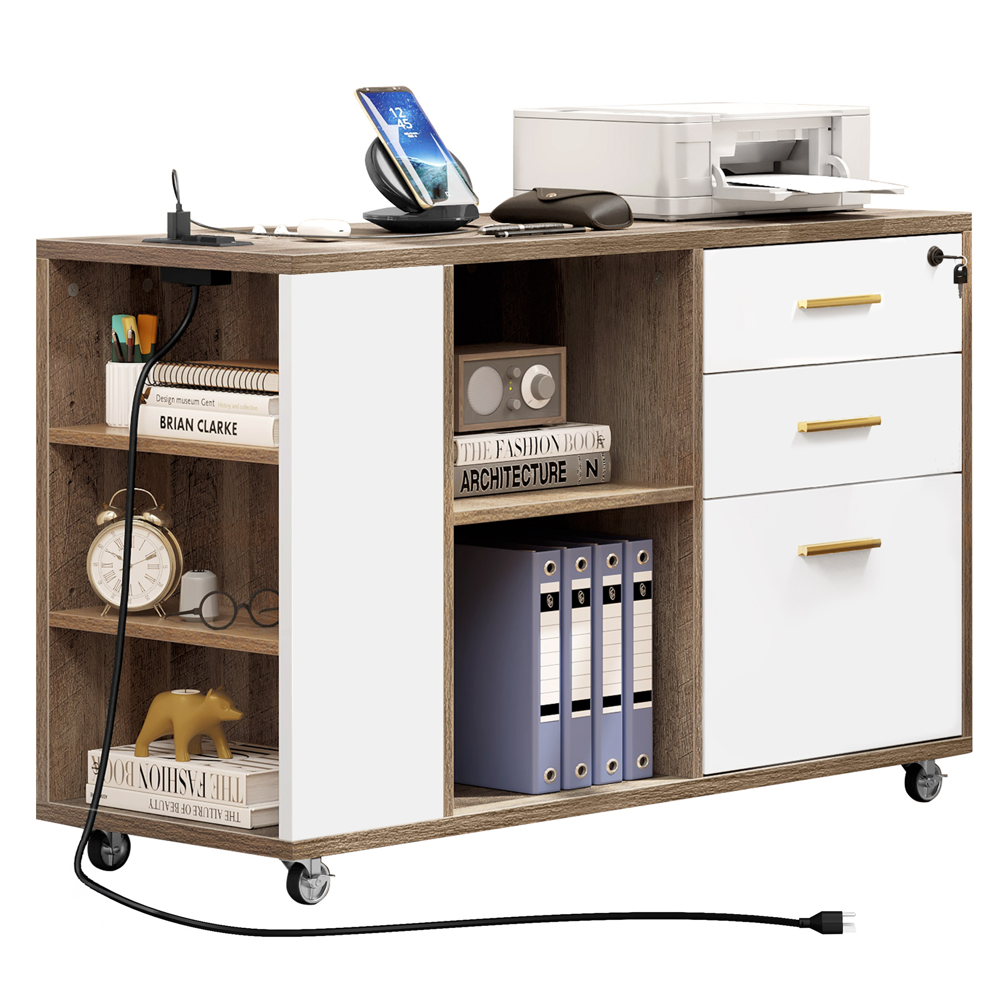 DWVO Wood File Cabinet with Charging Station, Rolling Lateral Filing ...