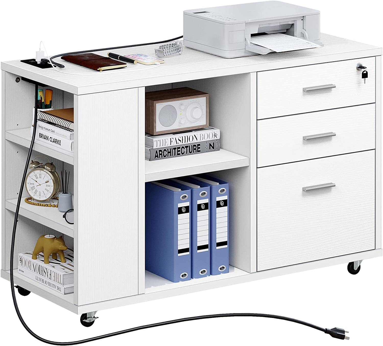 Dextrus Wood File Cabinet with Charging Station and Lock, Mobile ...