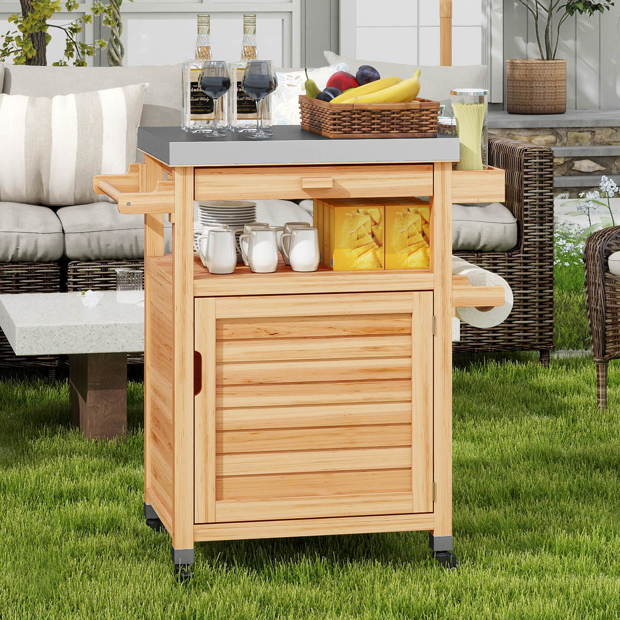 DEXTRUS Wood Kitchen Utility Cart with Stainless Steel Tabletop, Grill ...