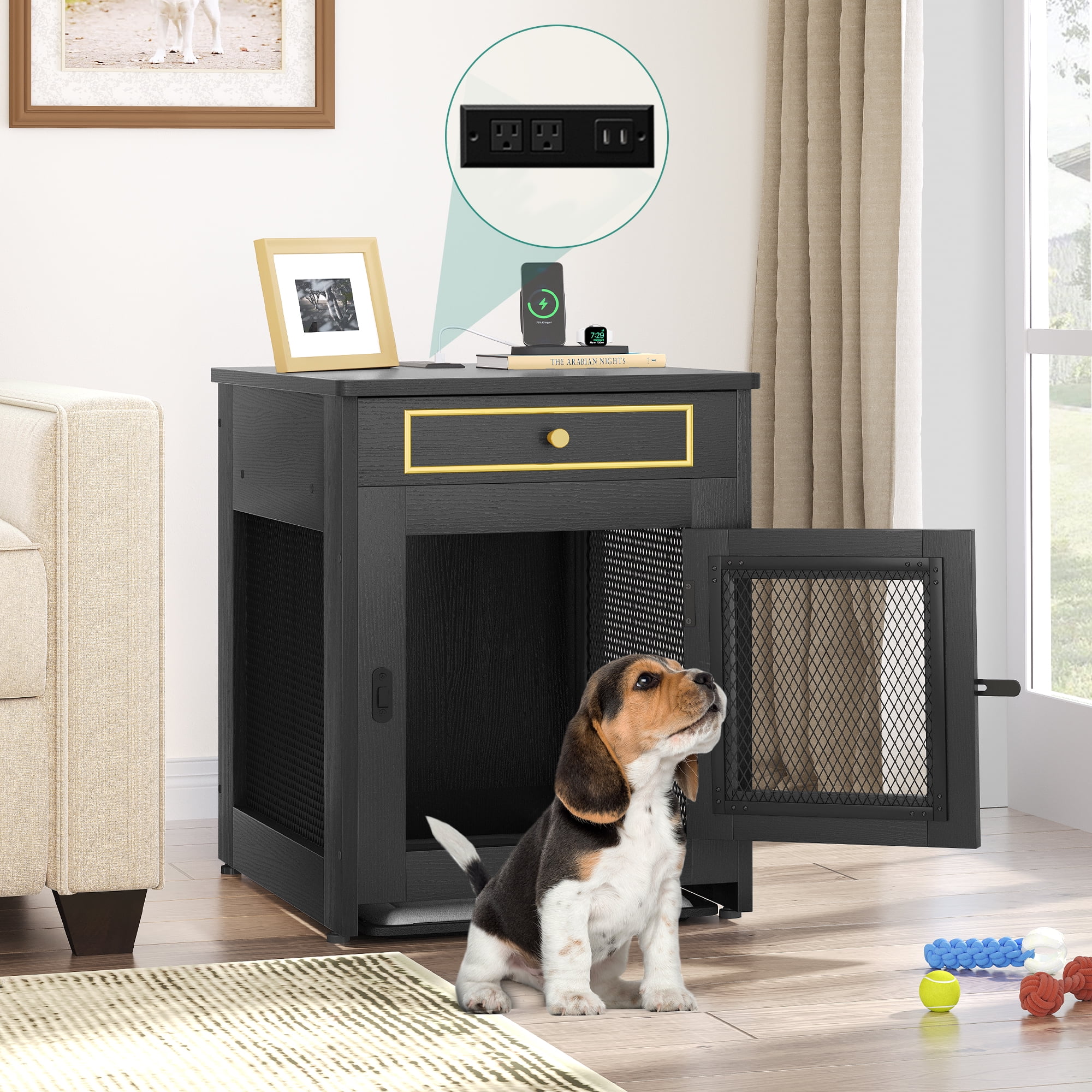 Dextrus Black Wooden Dog Kennel End Table with USB Charger, Anti-Chew ...