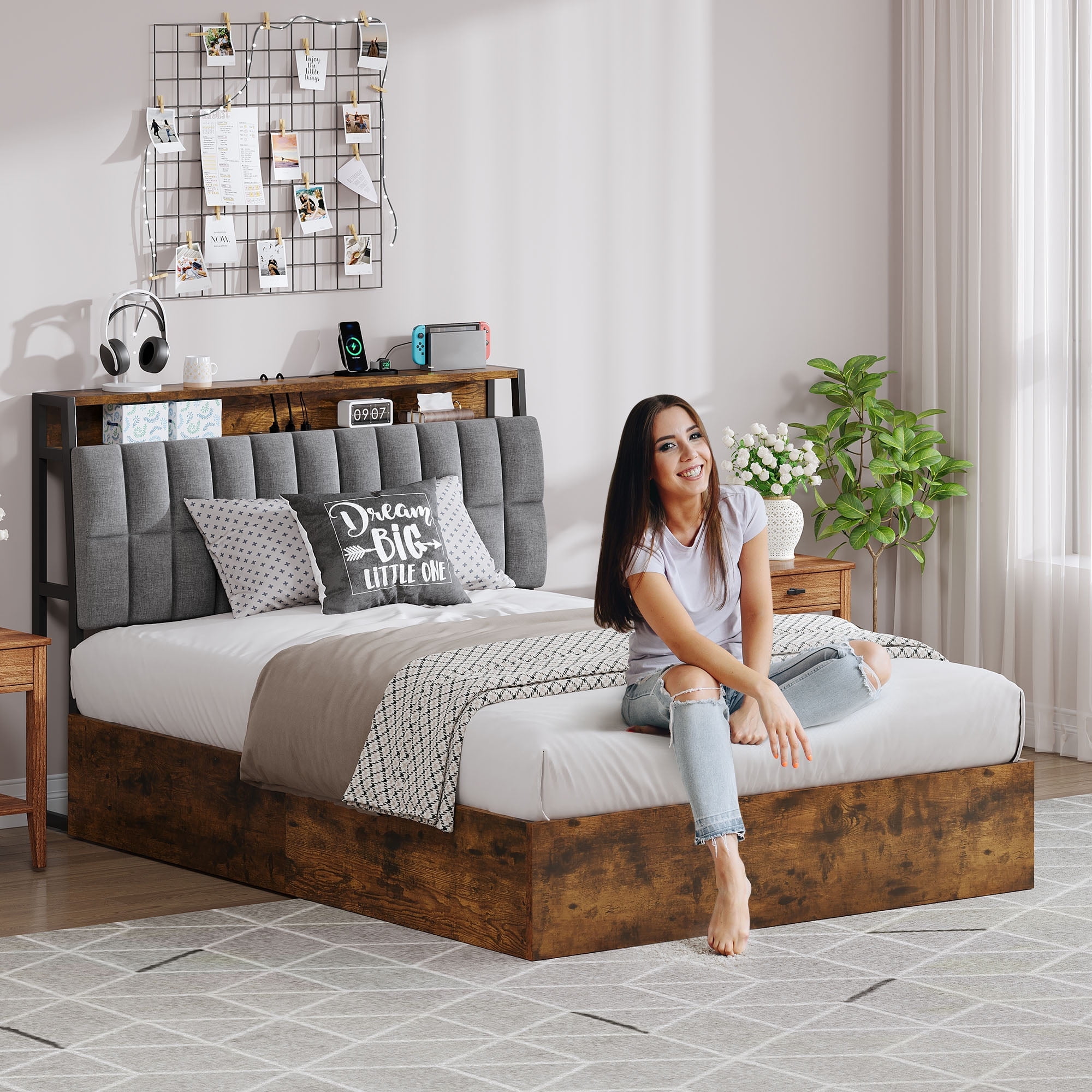 Dextrus Wooden Lift Up Bed Frame, Full Size Storage Bed Frame with ...