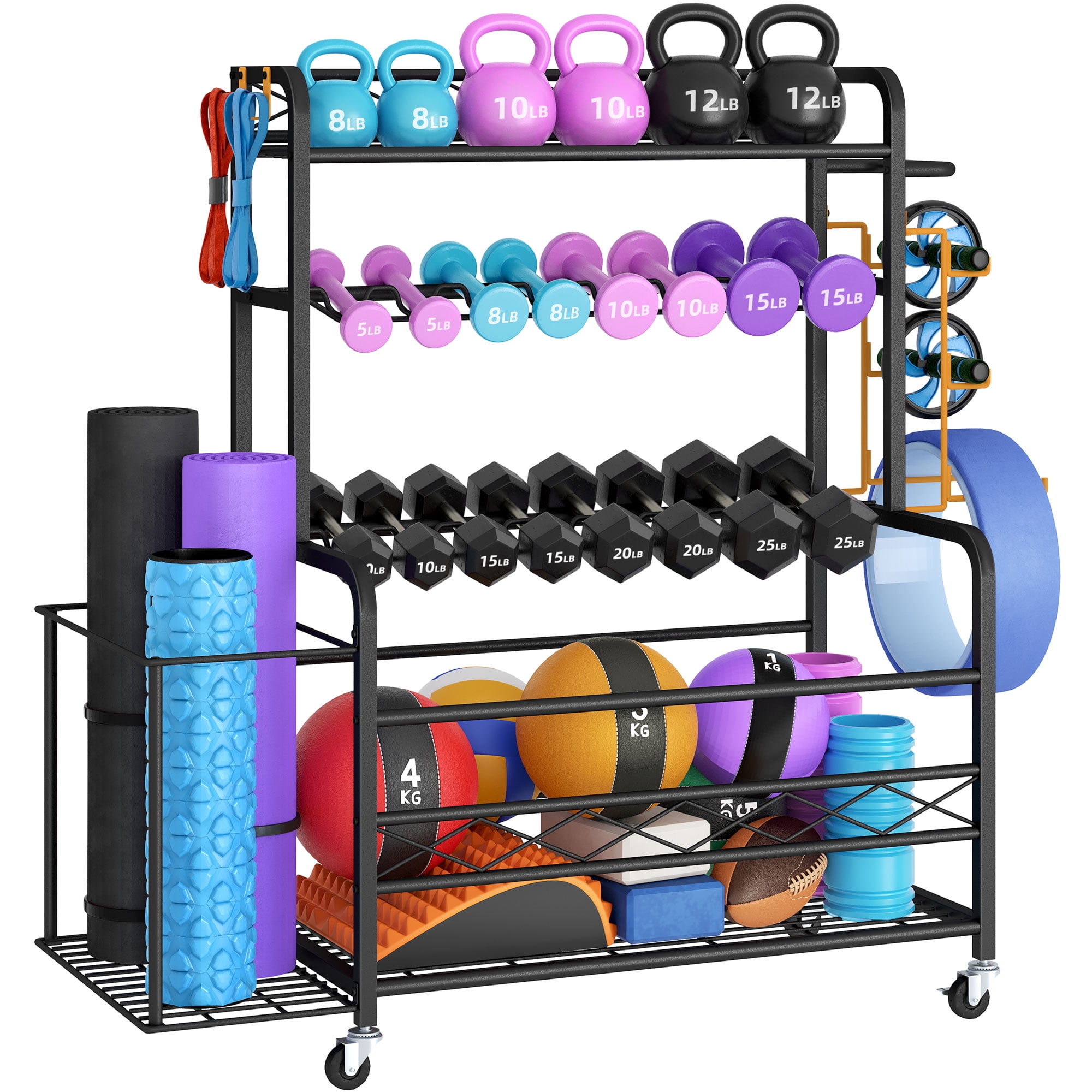 Dextrus Home Gym Storage Rack, Yoga Mat & Dumbbell Stand with Wheels ...