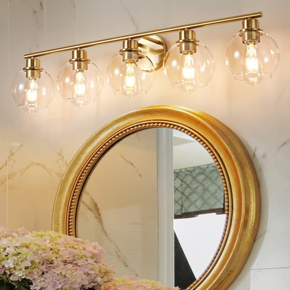 Deyidn Brass Mounted 5 Light Gold Bathroom Vanity Fixture with White ...