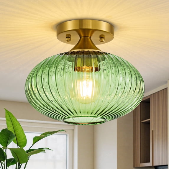 Deyidn 9.45 Inch Modern Ceiling Light with Green Striped Glass Shade ...