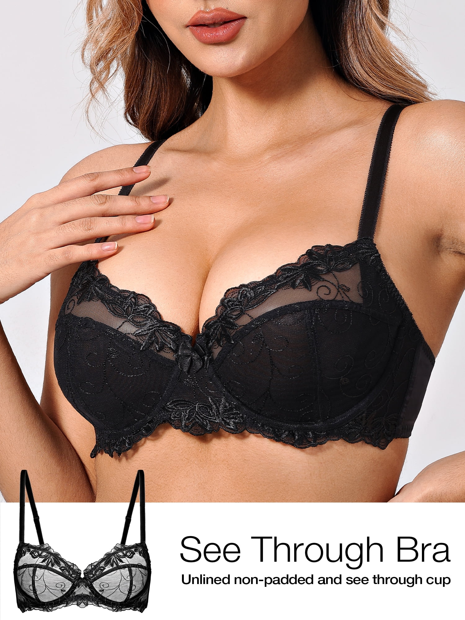 Deyllo Women's Sheer Unlined Push Up Lace Bra, Full Coverage Underwire, Black 36C - Walmart.com