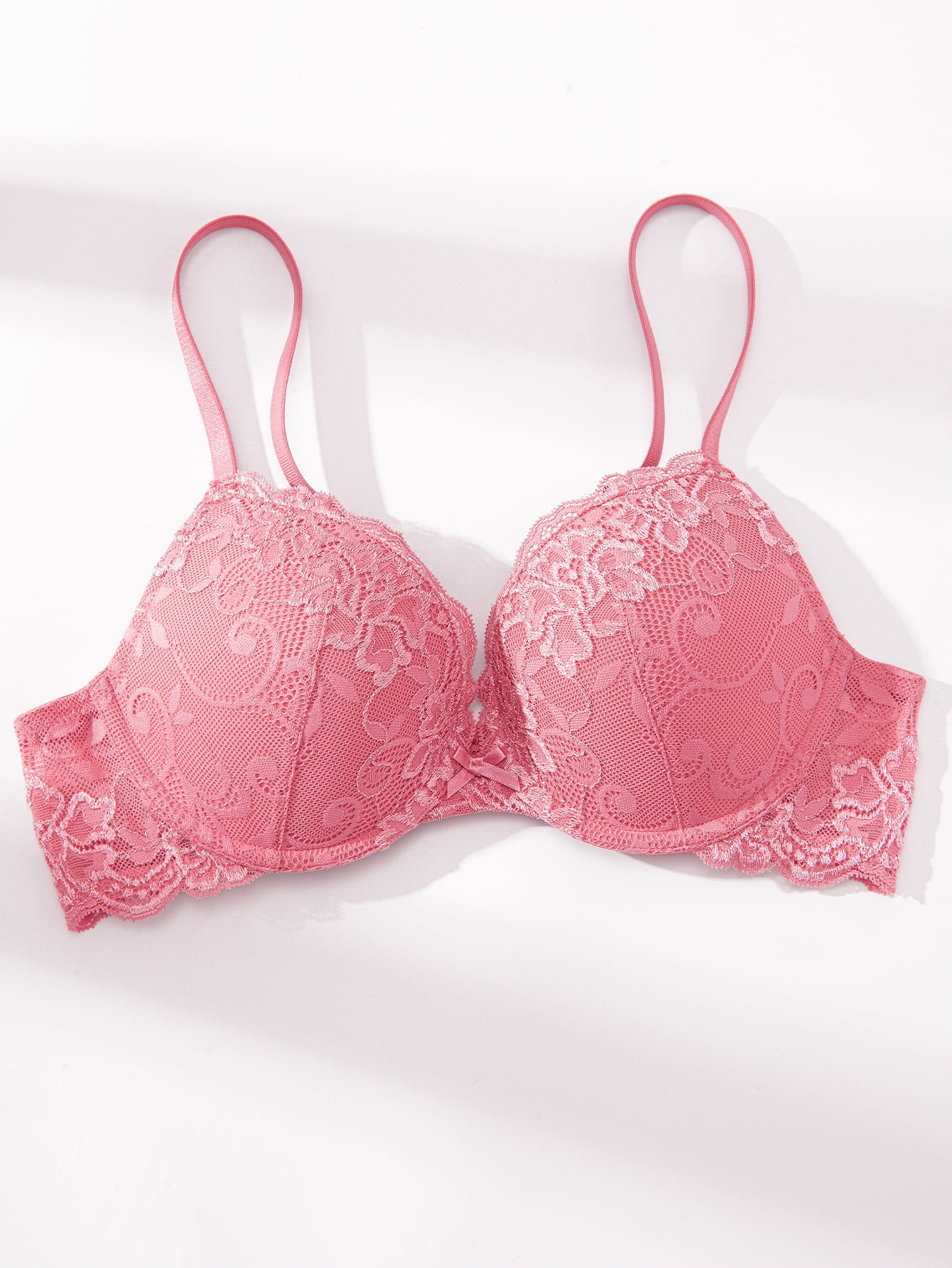 Deyllo Women's Lace Push Up Padded Plunge Add Cups Underwire Lift Up Bra, Peach Pink 34A ...