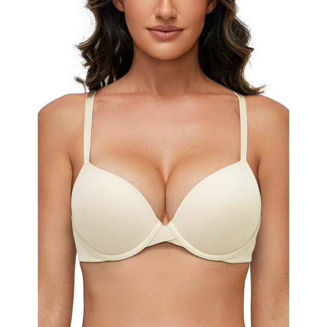 Deyllo Women's Push Up Bra Full Coverage Underwire Support Padded Seamless T Shirt Bra, Ivory ...