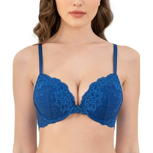 Deyllo Women's Push Up Bra Padded Plunge Add Cups Underwire Sexy Lace Lift Up Bra, royal blue ...