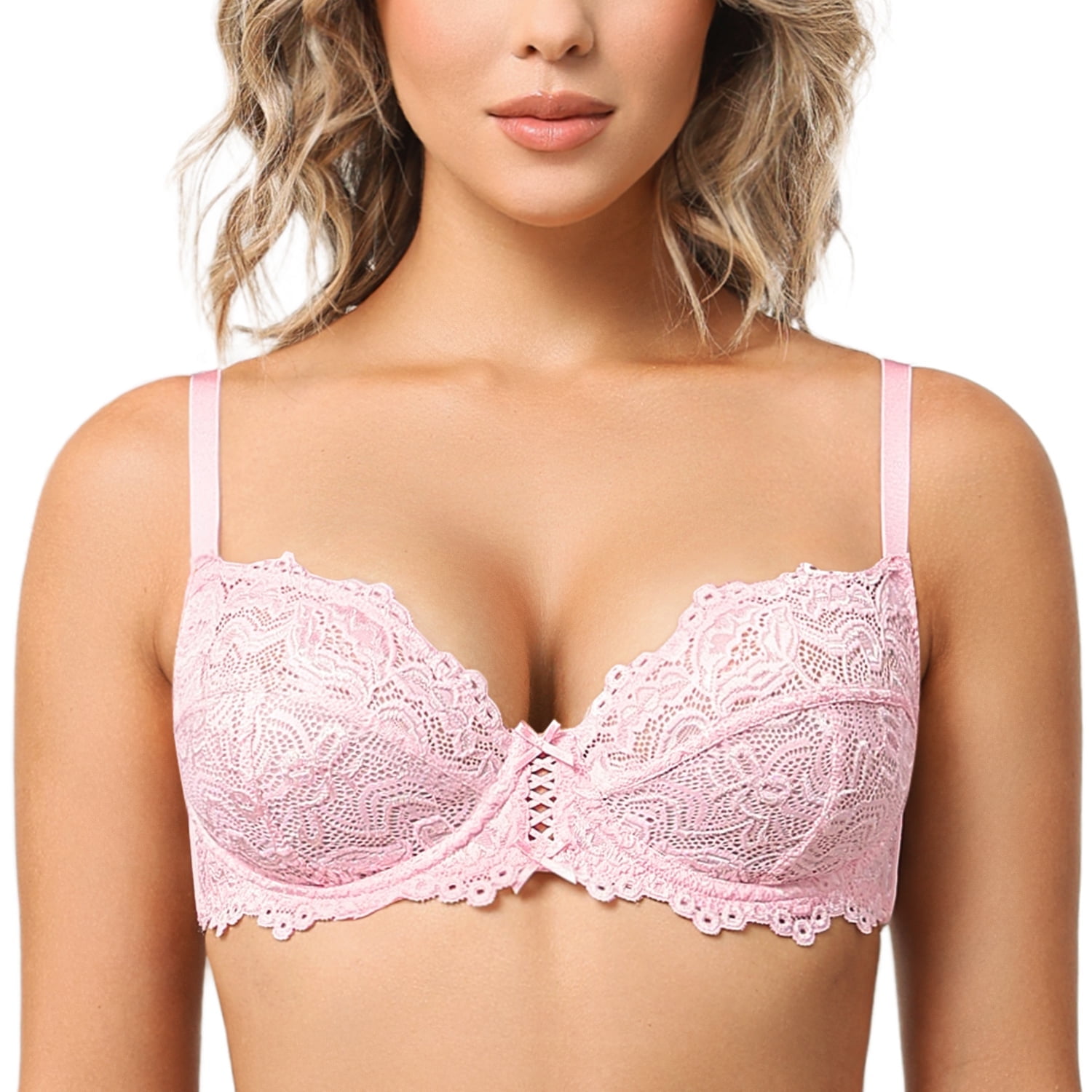 Deyllo Women's Push up Lace Bra Unlined Full Figue Plus Size Wired Support Unpadded See-Though ...
