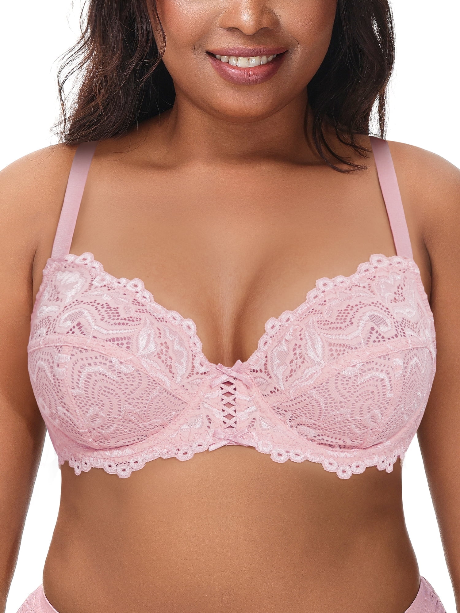Deyllo Women's Push up Lace Bra Unlined Full Figue Plus Size Wired Support Unpadded See-Though ...