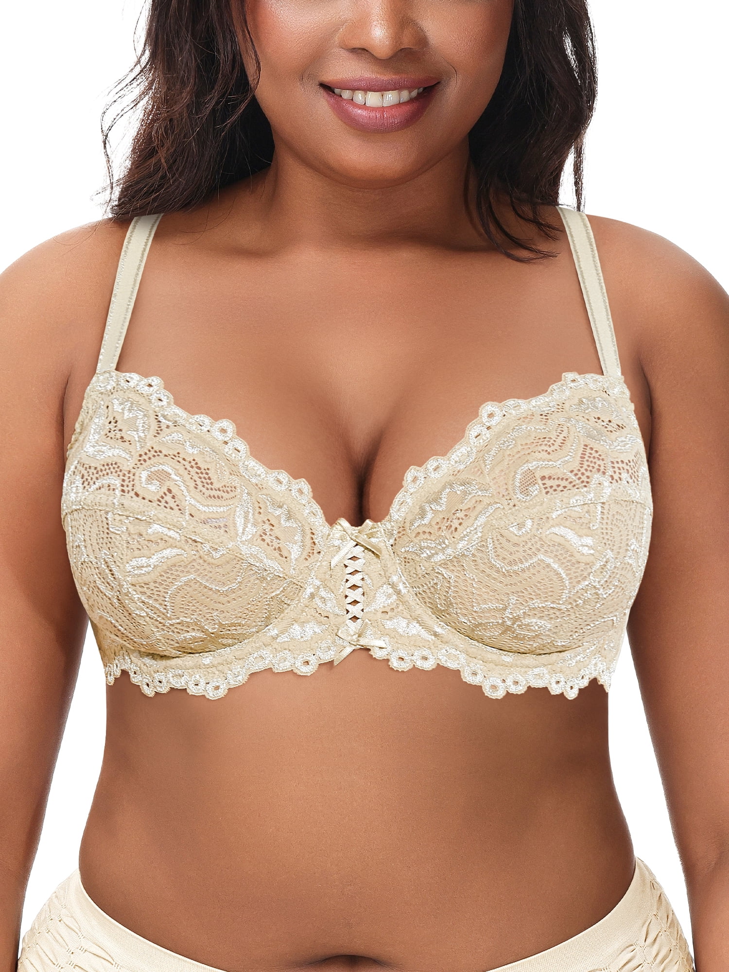 Deyllo Women's Push up Lace Bra Unlined Plus Size Wired Support Unpadded See-Though Bra, Beige ...