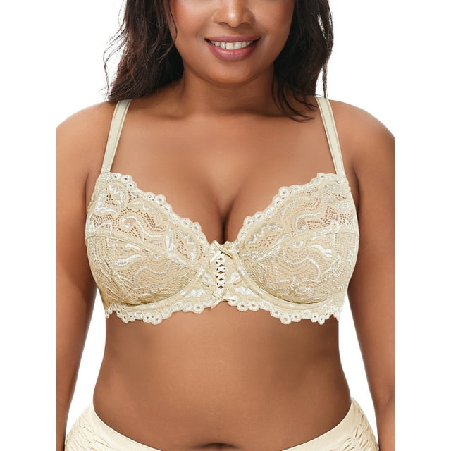 Deyllo Women's Push up Lace Bra Unlined Plus Size Wired Support Unpadded See-Though Bra, Beige ...