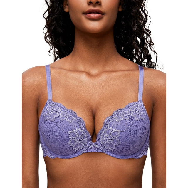 Deyllo Women's Sexy Lace Push Up Padded Plunge Add Cups Underwire Lift Up Bra,Light Purple 36A ...