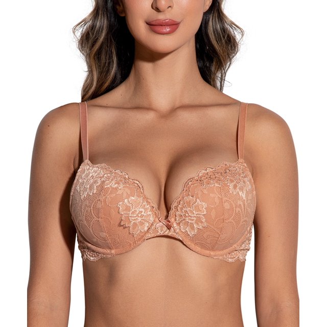 Deyllo Womens Sexy Lace Push Up Padded Plunge Add Cups Underwire Lift