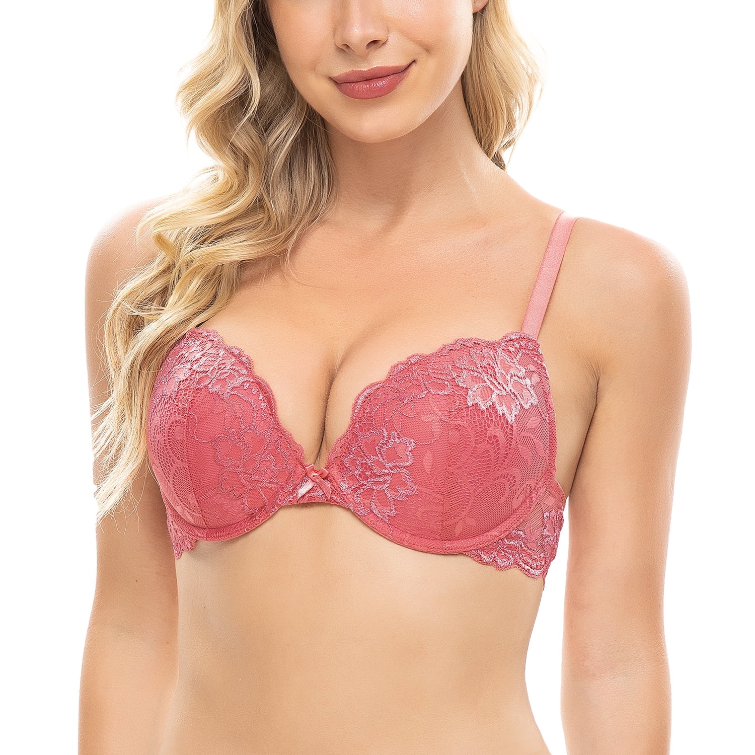 Deyllo Women's Sexy Lace Push Up Padded Plunge Add Cups Underwire Lift Up Bra, Peach Pink 38DD ...