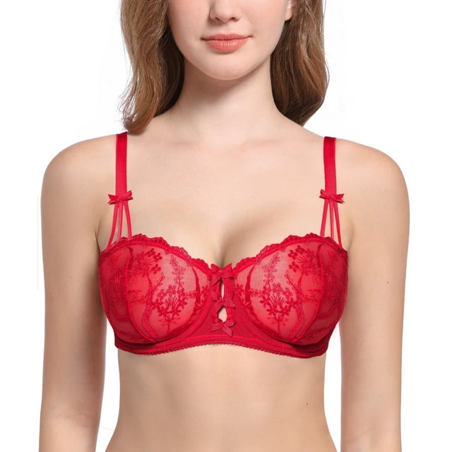 Deyllo Women’s Unlined Lace Bra Embroidered 1/2 Cup Demi Sheer See Through Underwire Bras Non ...
