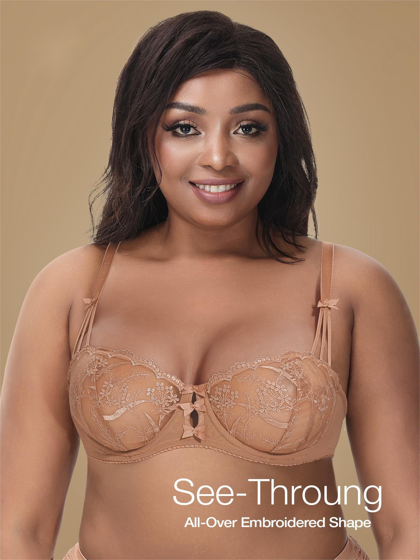 Deyllo Women’s Unlined Lace Bra Plus Size 1/2 Cup Demi See Through Non-padded Underwire Support ...