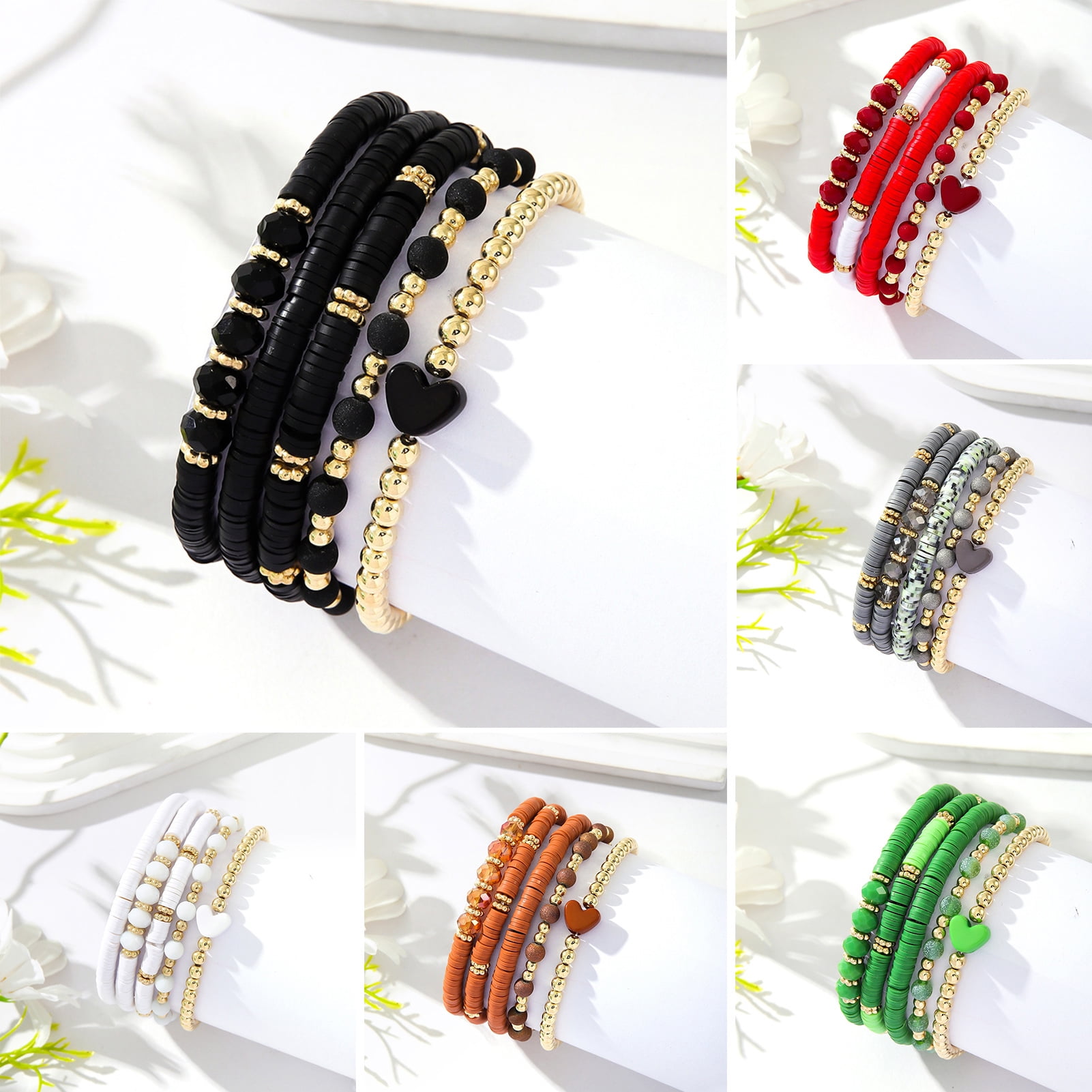 Deyuer 5 Pcs Bohemian Bracelets Polymer Clay Multi-layer Stacking Heart ...